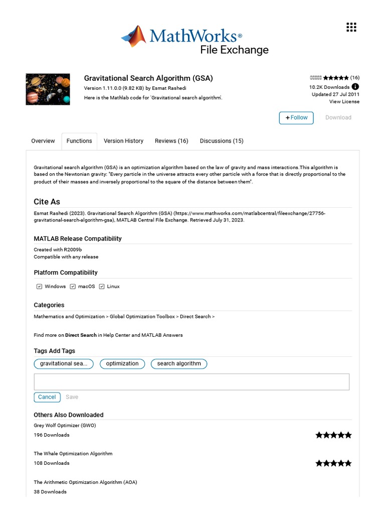 Gravitational Search Algorithm (GSA) - File Exchange - MATLAB Central | PDF