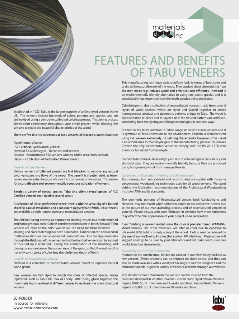 Materials Inc Tabu Features and Benefits | PDF | Dyeing | Wood