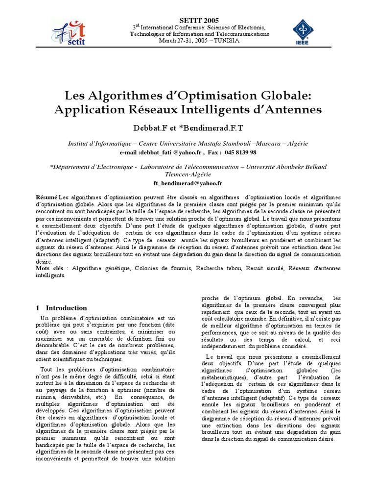 Les Algorithmes D'optimisation Globale: Application Réseaux Intelligents D'antennes | PDF ...