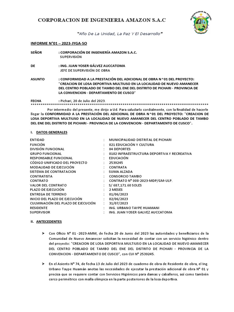 INFORME #Aprobacion Adicional Del SUPERVISOR | PDF | Presupuesto | Hormigón