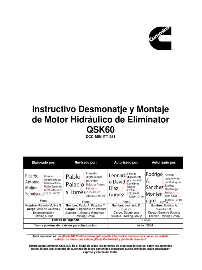 Dcc-Min-Itt-251 - Desmontaje y Montaje de Motor Hidráulico de Eliminator QSK60 | PDF | Tornillo