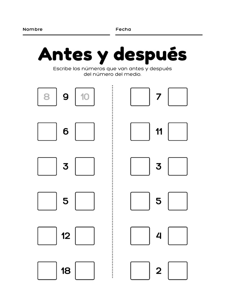 Ficha de Ejercicios Matemática Básica Antes y Después Número Blanco y ...