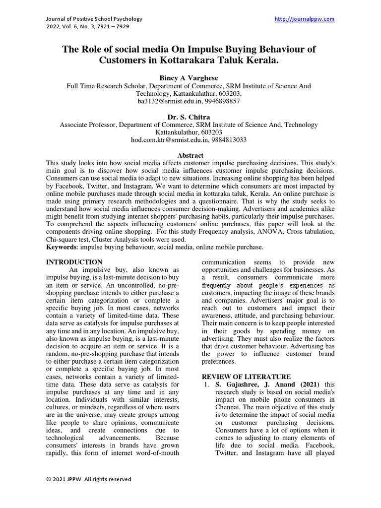 Bincy A. Varghese & S. Chitra (2022) | Download Free PDF | Consumer Behaviour | Social Media