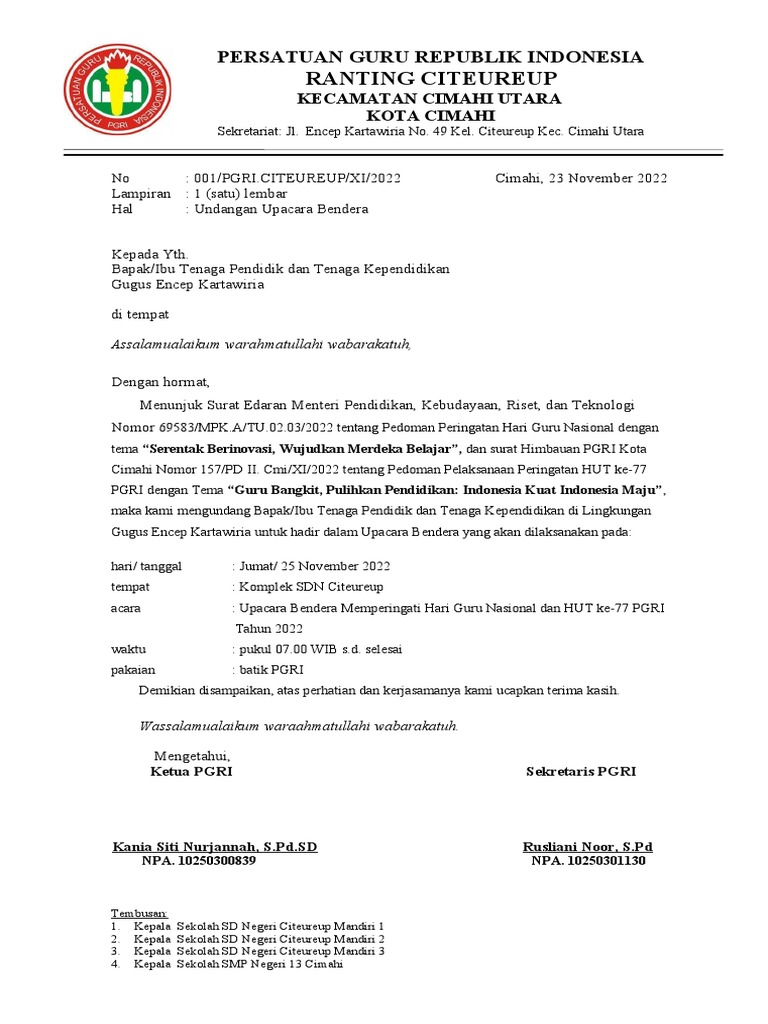 Surat Undangan Upacara HGN Dan HUT PGRI 2022 | PDF