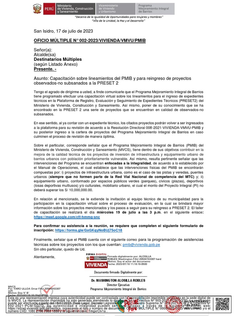 OFICIO MULTIPLE 02-2023-PMIB Capacitación Sobre Lineamientos Del PMIB | PDF