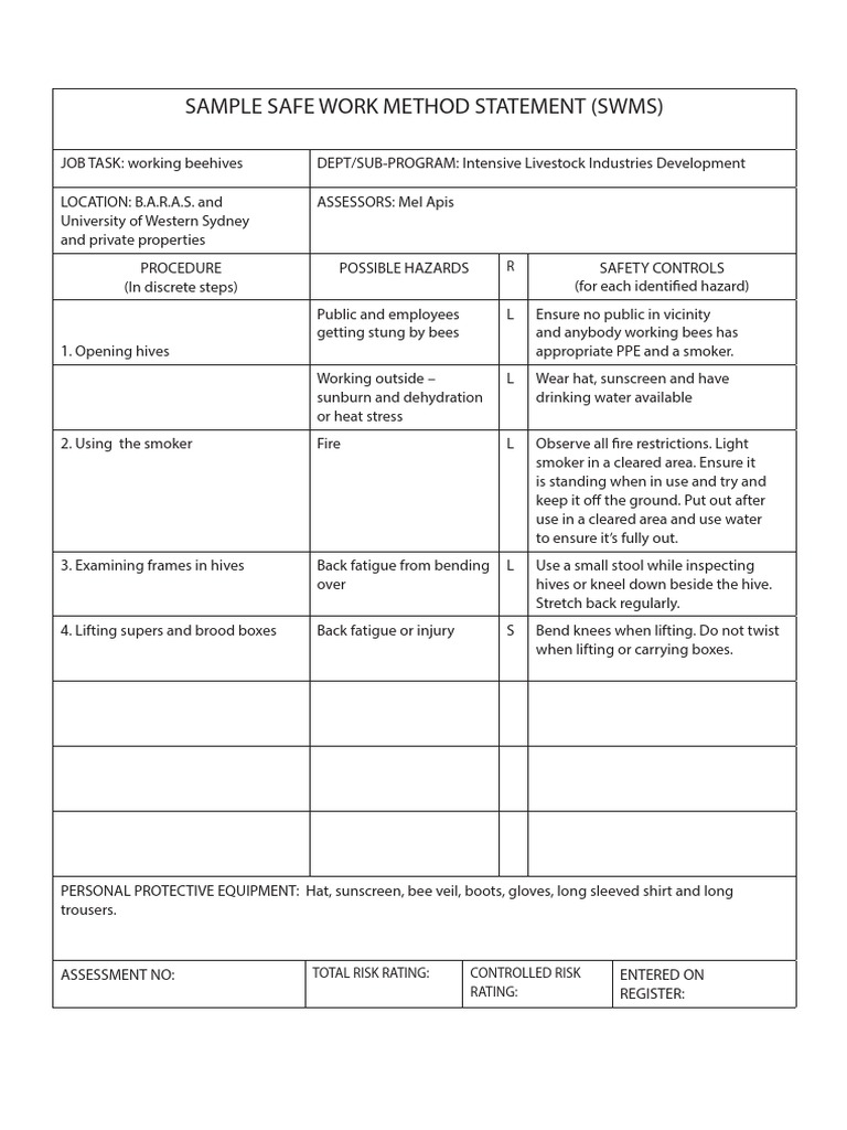 Sample Safe Work Method Statement | PDF | Beehive | Risk