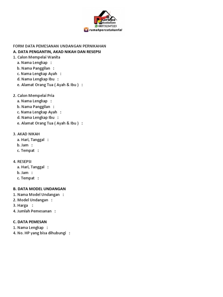 FORM DATA PEMESANAN UNDANGAN PERNIKAHAN Word | PDF