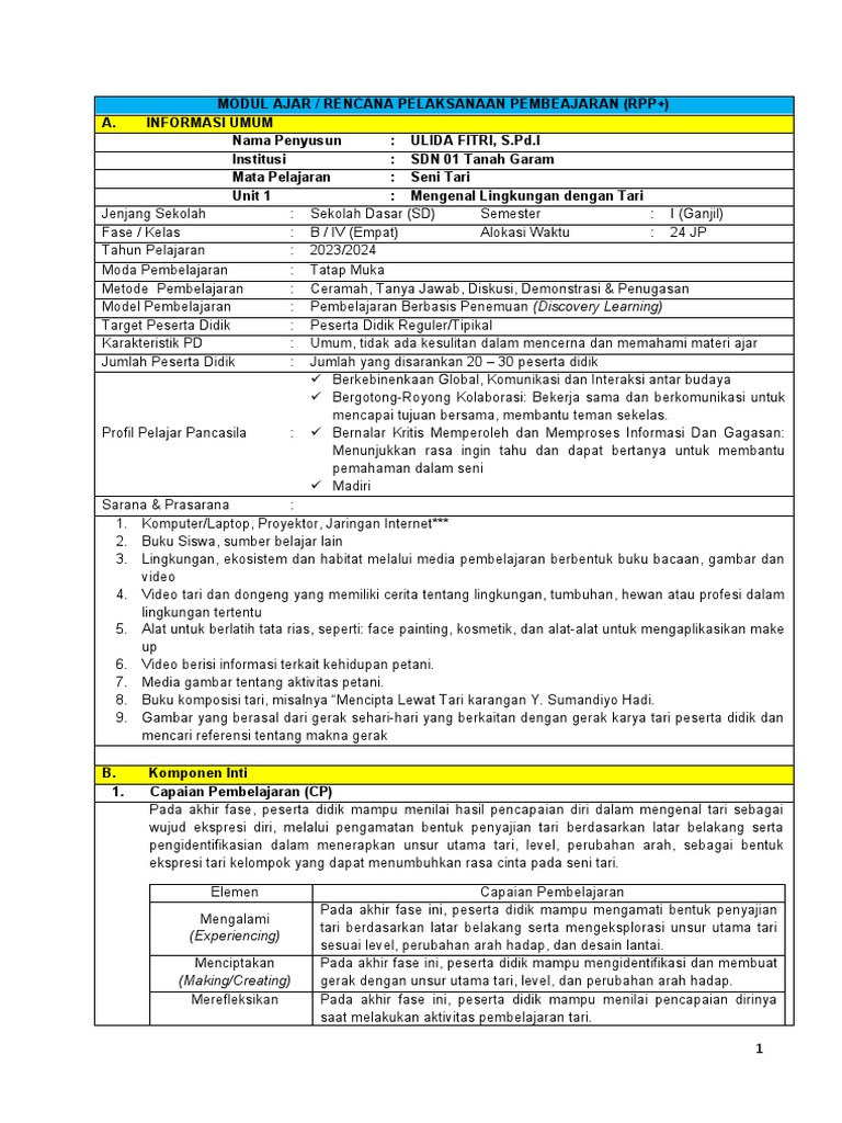 RPP Seni Tari Kls IV Sms 1 | PDF