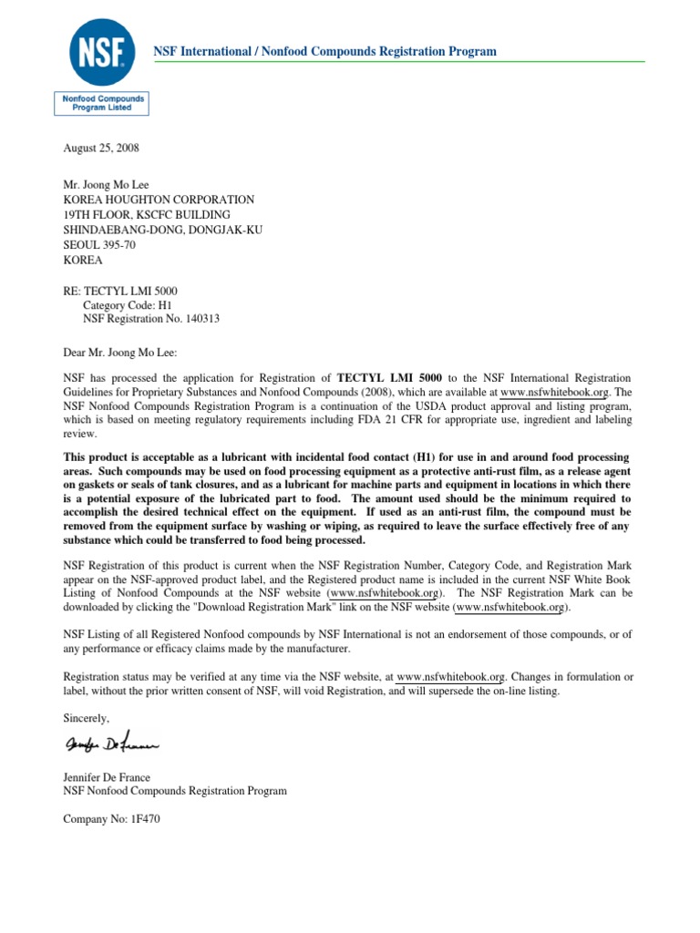NSF International / Nonfood Compounds Registration Program | PDF