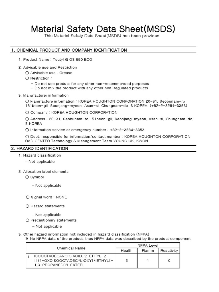 Tectyl G OS 550 ECO (MSDS - EN) | PDF | Toxicity | Waste