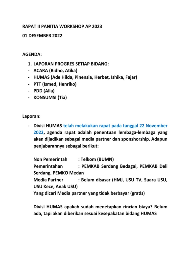 Rapat Ii Panitia Workshop Ap 2023 | PDF