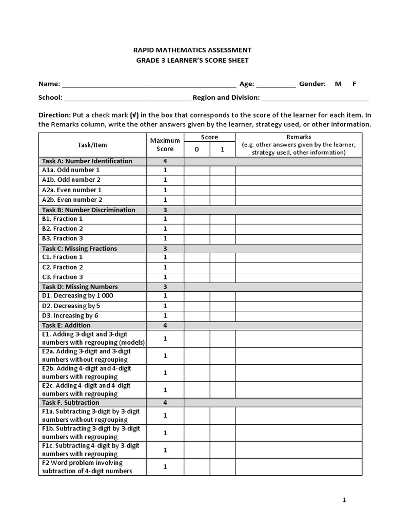 RMA Grade 3 Learner S Score Sheet 13 June 2023 | PDF