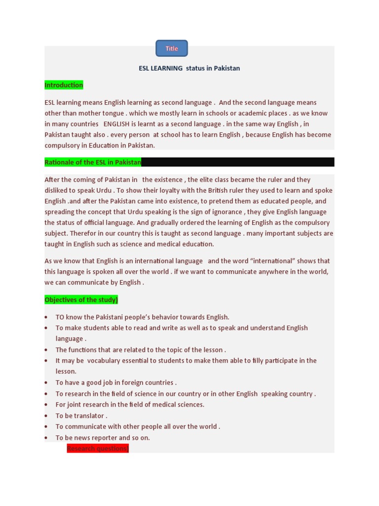 ESL Education in Pakistan | PDF | English Language | English As A ...