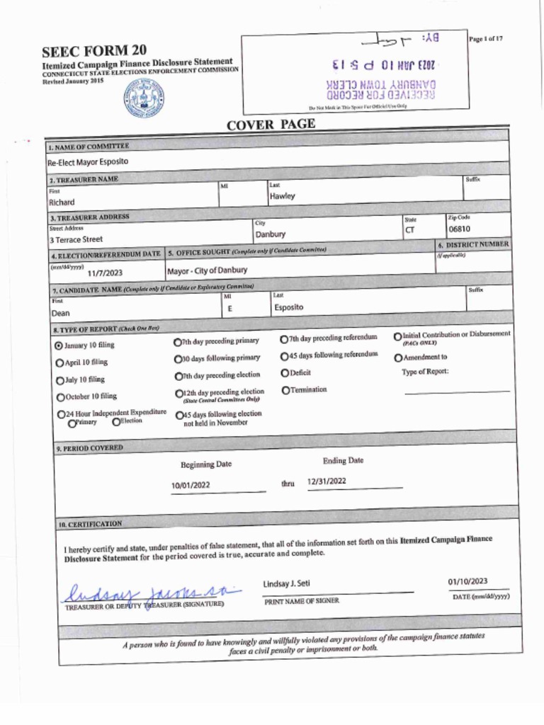 Re-Elect Mayor Esposito SEEC Form 20 January 10 2023 | PDF