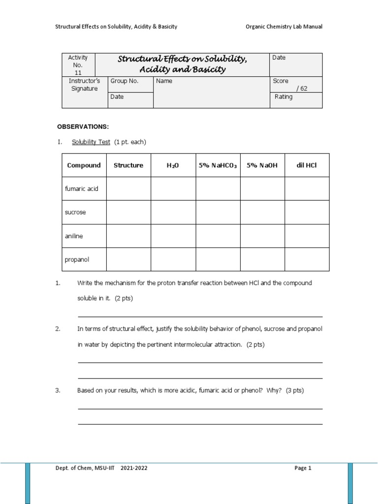 ACT 11 - WORKSHEET - Structural Effects On Solubility Acidity Basicity | PDF | Acid | Chemical ...
