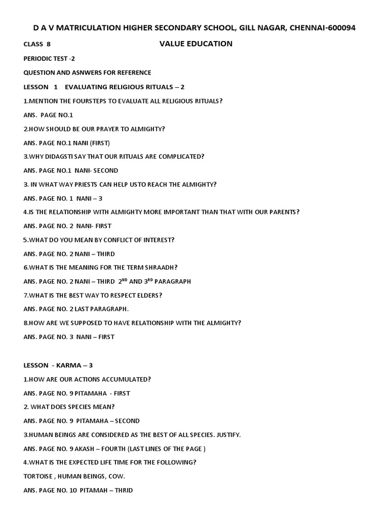 Class 8 Value Education Test Answers | PDF