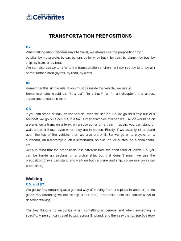 Transportation Prepositions | PDF