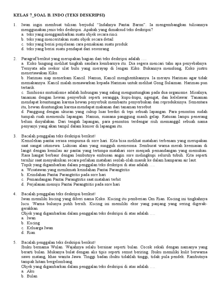 KELAS 7 - SOAL B. INDO (TEKS DESKRIPSI (Jumat, 21 Juli 2023) | PDF