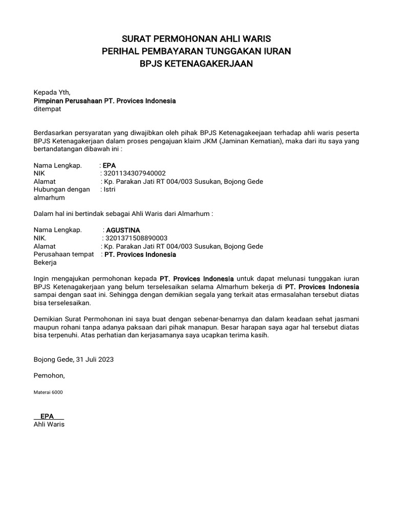 Surat Permohonan Ahli Waris Perihal BPJS Ketenagakerjaan | PDF Surat Permohonan Ahli Waris Perihal BPJS Ketenagakerjaan | PDF