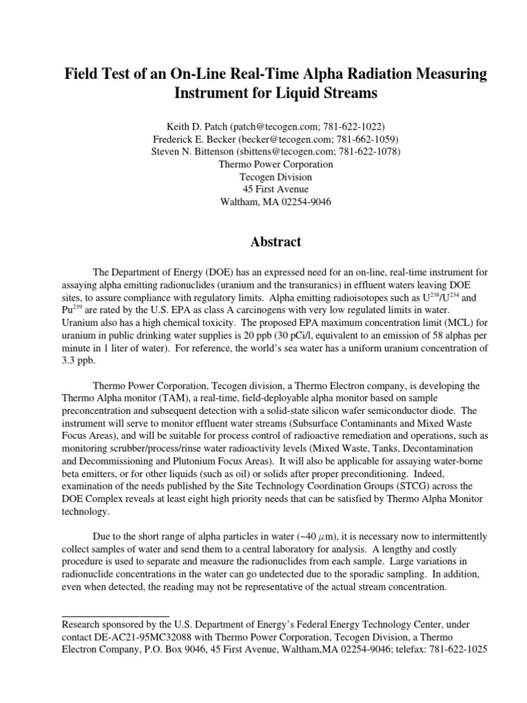 Field Test of An On-Line Real-Time Alpha Radiation Measuring Instrument ...