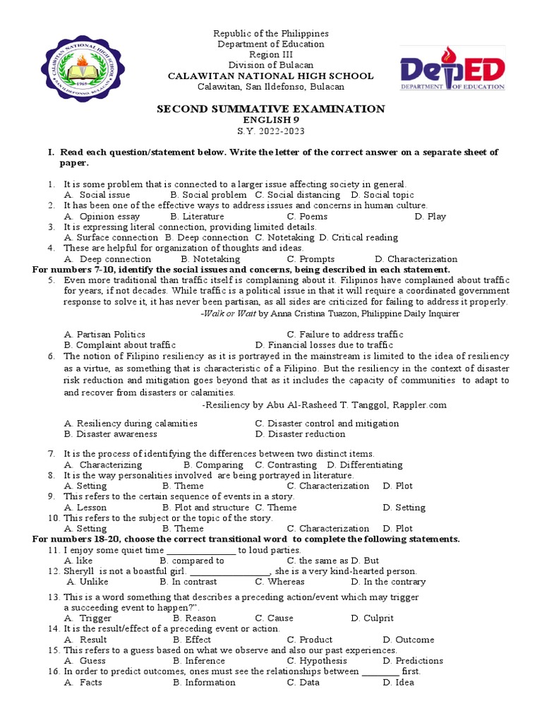English 9 Second Summative Exam 2023 | PDF | Social Science | Language ...