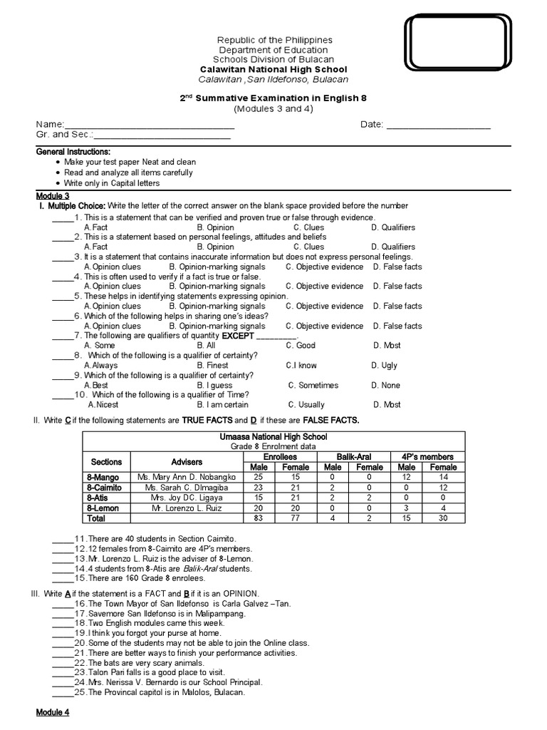 2nd Summative Test English 8 | PDF | Evidence