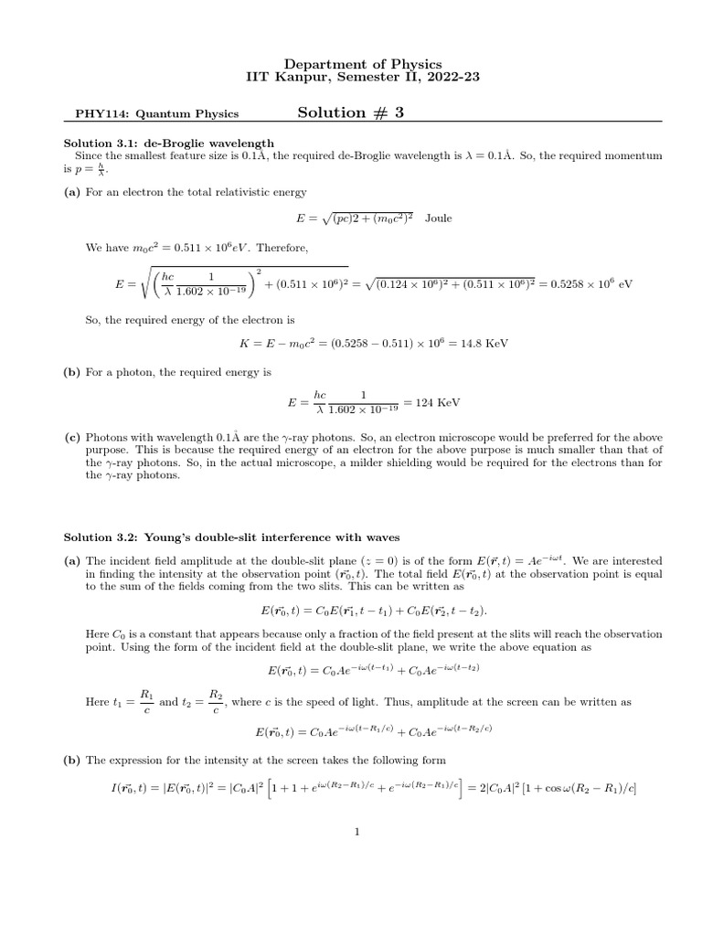 Solution # 3: Department of Physics IIT Kanpur, Semester II, 2022-23 | PDF | Wavelength ...