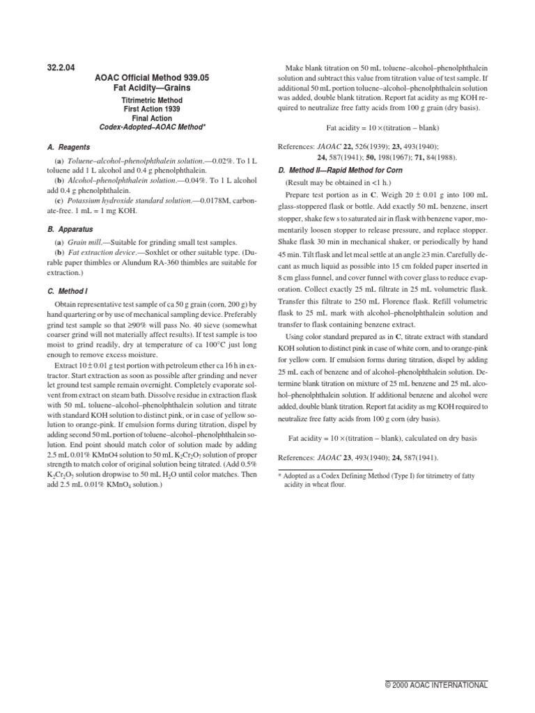 AOAC Method 939.05: Fat Acidity Analysis | PDF | Titration | Chemistry