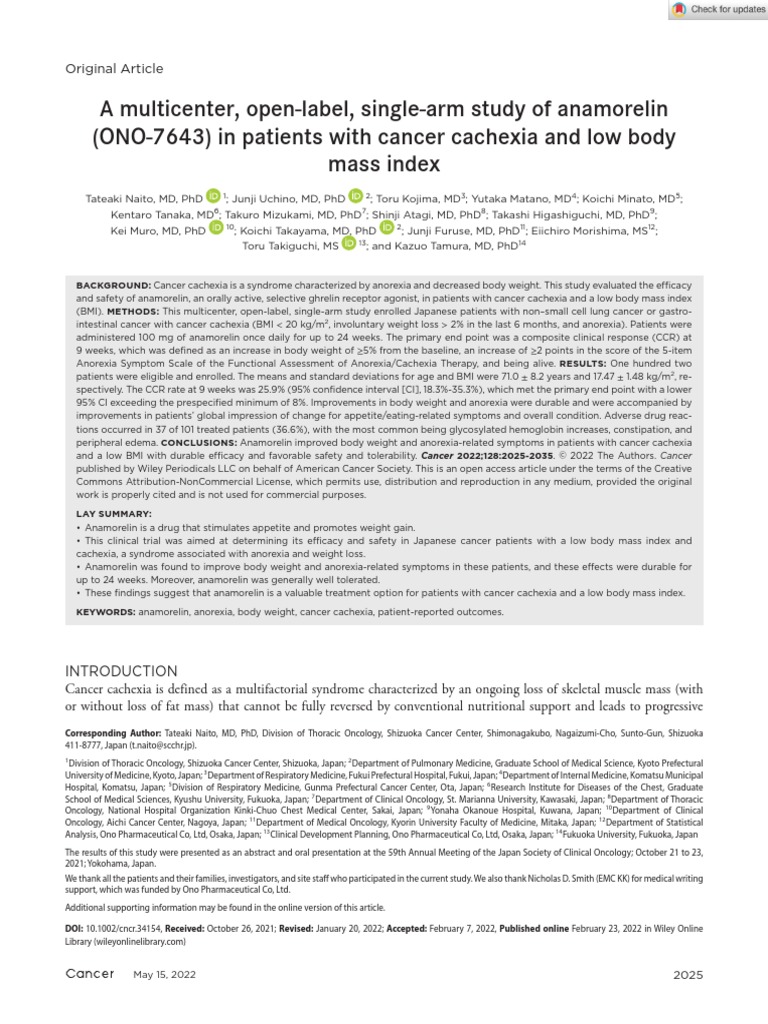 Naito 2022 A Multicenter Open Label Single Arm Study of Anamorelin ONO ...