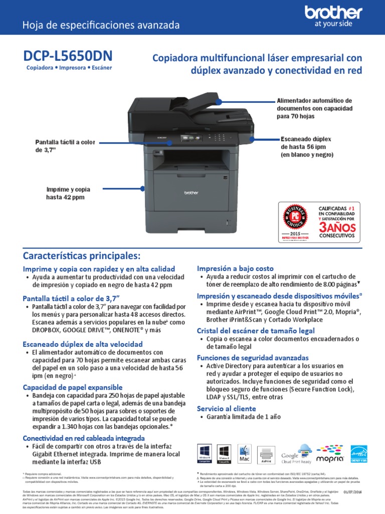 DCP-L5650DN: Hoja de Especificaciones Avanzada | PDF | Impresora (Computación) | Microsoft Windows