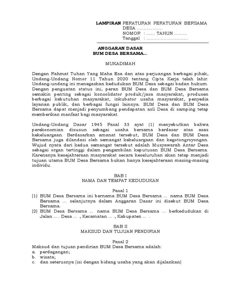 Lampiran Permakades - AD Pendirian BUM Desa Bersama (Terbaru) | PDF ...
