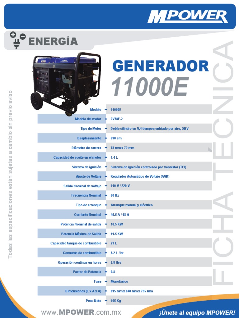 Ficha Técnica Generador MPOWER 11000E | PDF | Generador eléctrico | Energia electrica