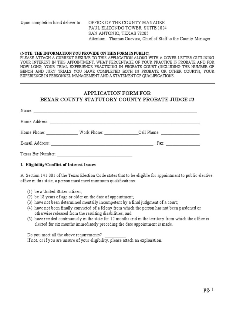 Application Form For Bexar County Statutory County Probate Judge 3 | PDF