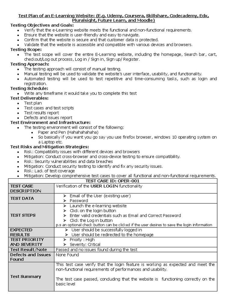 Test Plan of An ELearning Webite | PDF | Login | User (Computing)