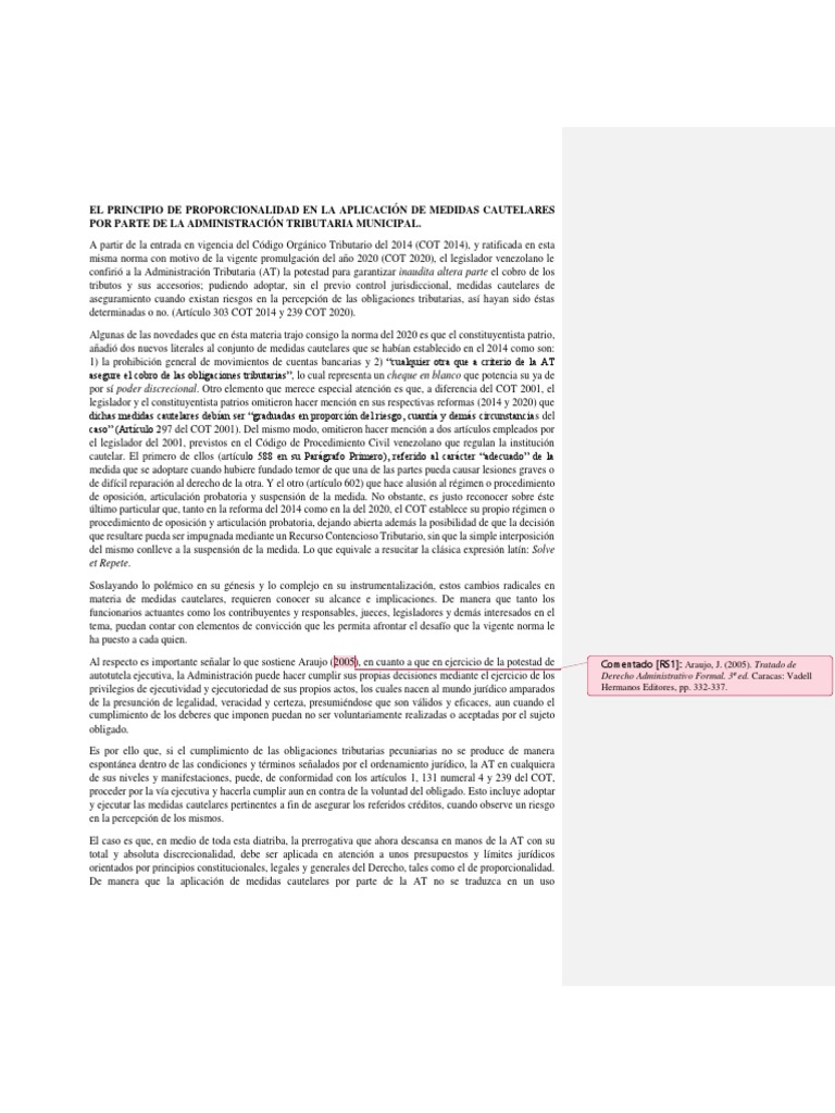 EL PRINCIPIO DE PROPORCIONALIDAD EN LA APLICACIÓN DE MEDIDAS CAUTELARES POR LAS AT MUNICIPALES ...