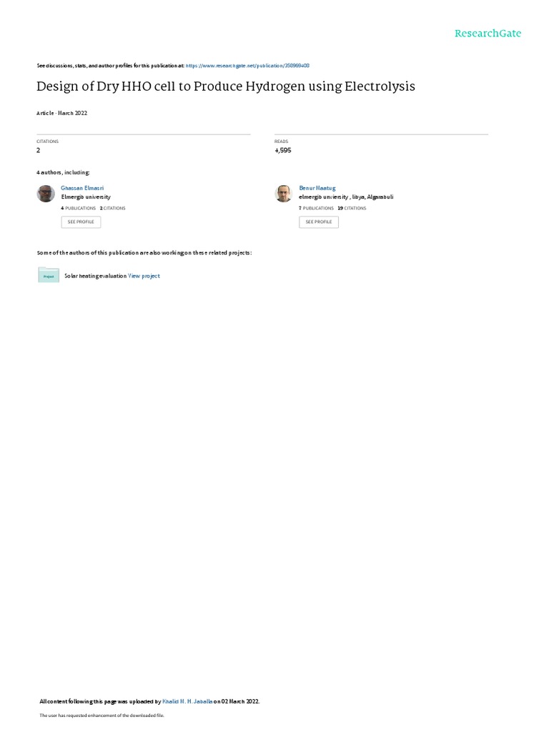 Design of Dry HHO Cell To Produce Hydrogen Using Electrolysis | PDF