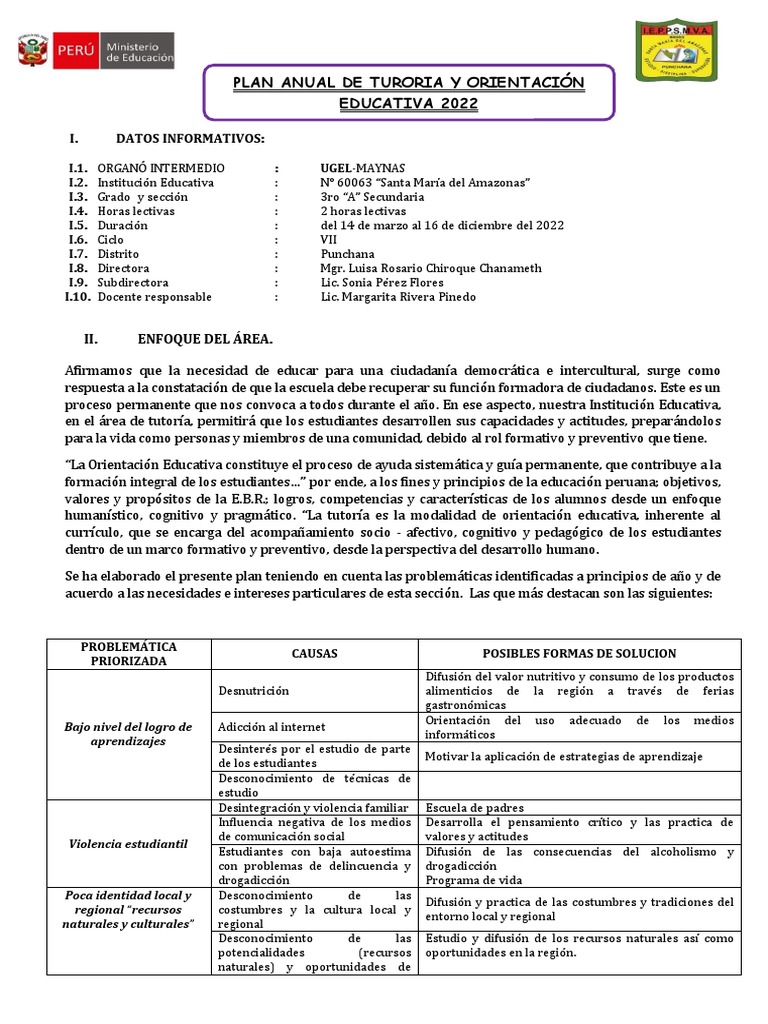 Programación Anual de Tutoria 3ro 2022 | PDF | Evaluación | Aprendizaje