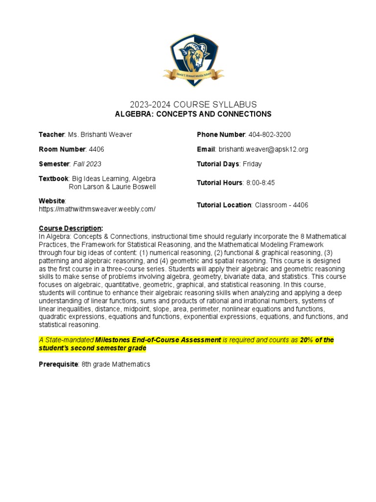 2023-2024 COURSE SYLLABUS: Algebra: Concepts and Connections | PDF