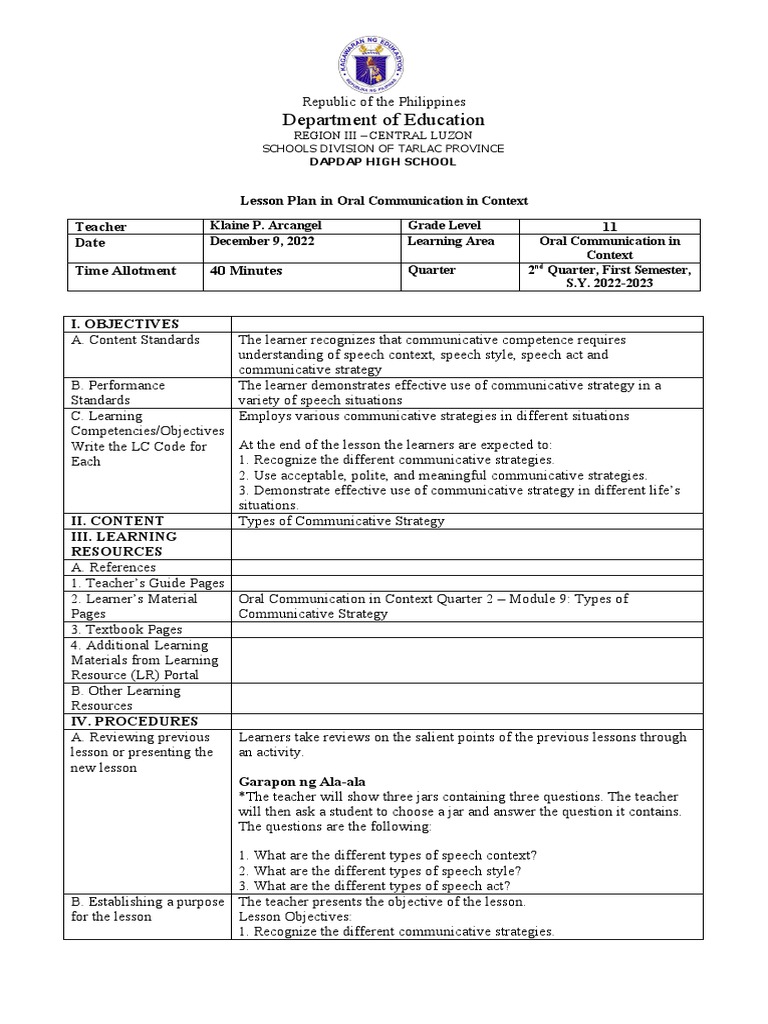 Lesson Plan Oral Communication COT TIP | PDF | Nonverbal Communication ...