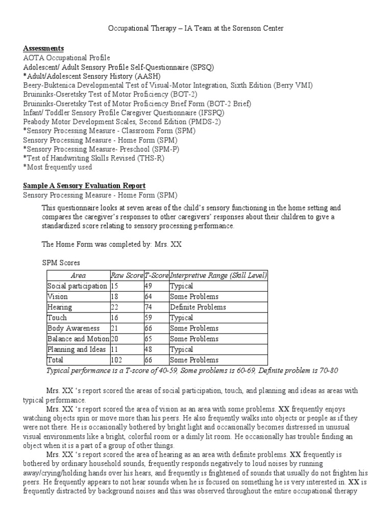 Pediatric OT Sensory Evaluation Report | PDF | Sensory Processing ...