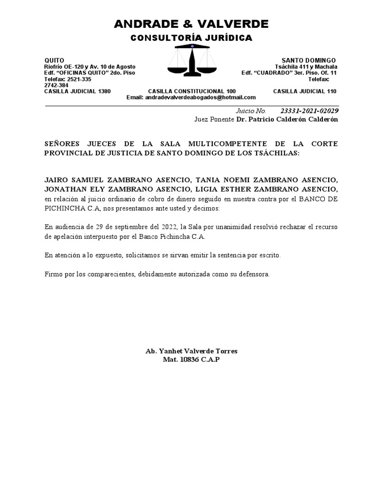 Escrito Insistencia Sentencia Escrita Hnos. Zambrano | PDF