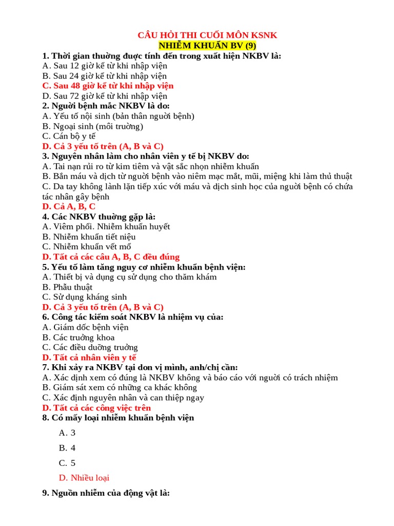 (123doc) Nhung Cau Trac Nghiem Kiem Soat Nhiem Khuan 2021 | PDF