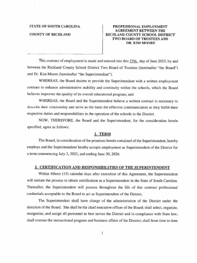 Richland School District Two Superintendent Contract With Dr. Kim Moore ...