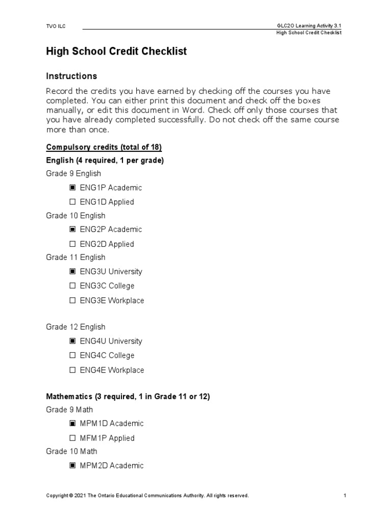 Glc2o 03.01 Credits Checklist | PDF | Physical Education | Mathematics