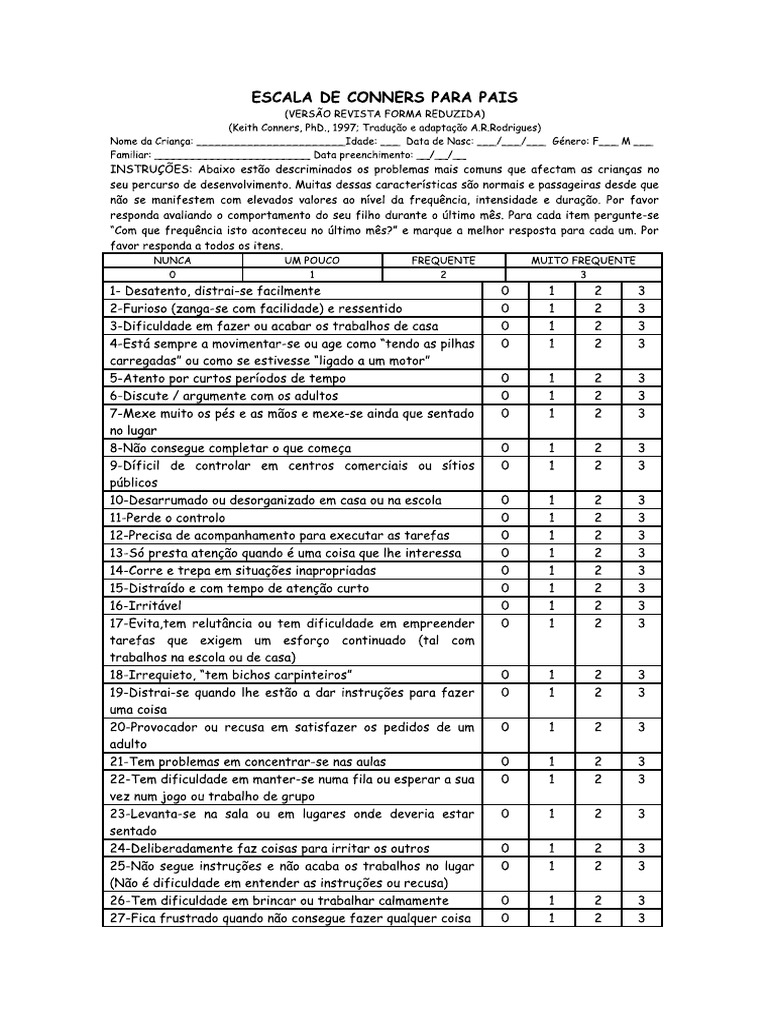 Escala Conners para Pais | PDF