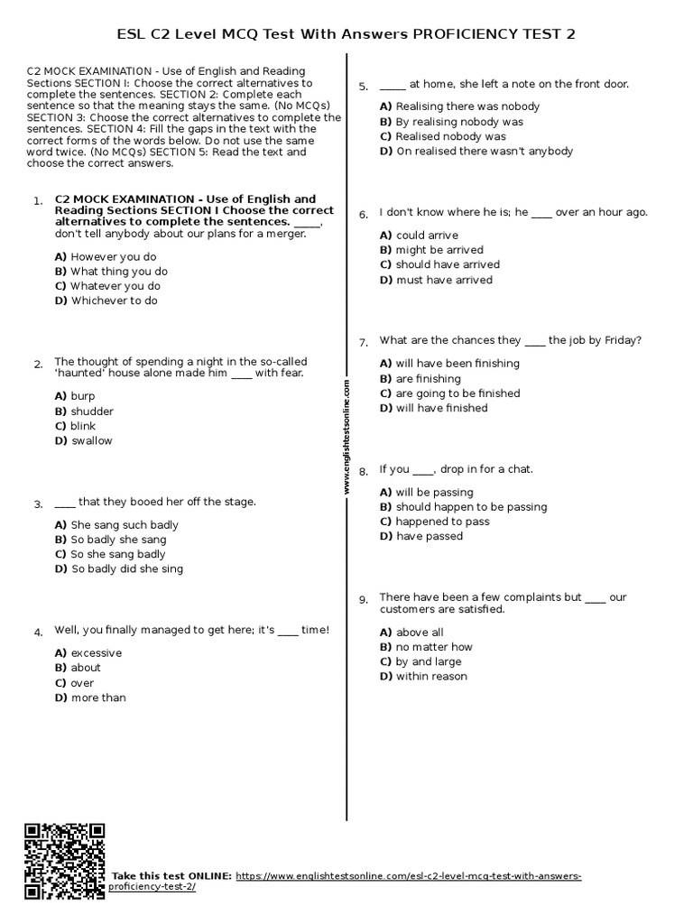 691 - Esl c2 Level MCQ Test With Answers Proficiency Test 2 | PDF ...