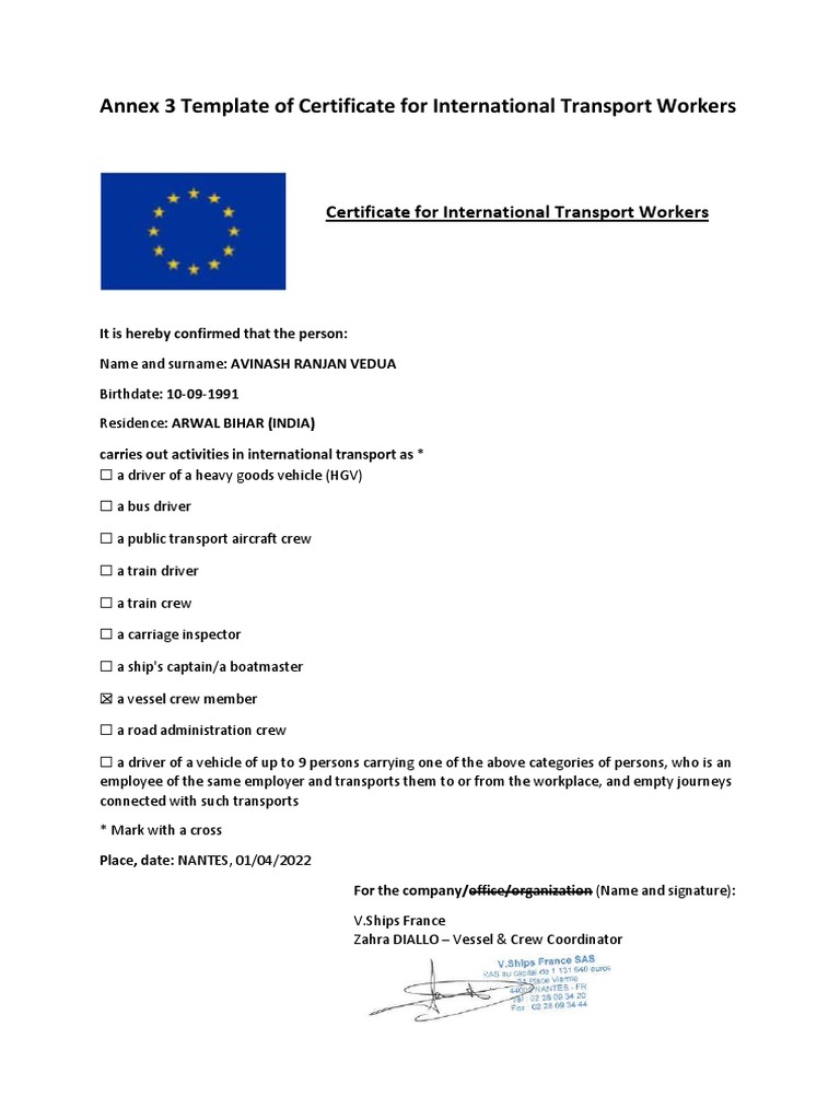 Certificate for International Transport Workers 2 Doc ELH (1) | PDF