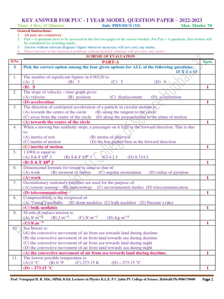 KEY Answer For PU Board Model Paper PU - 1-2022 | PDF | Waves ...