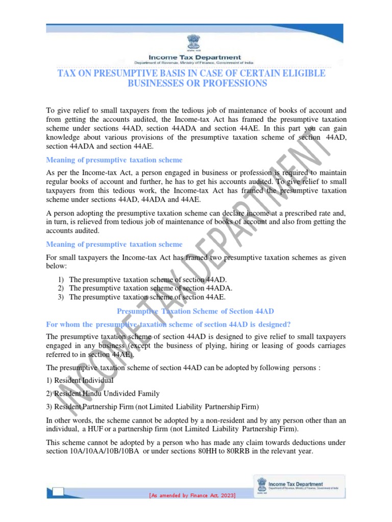 Tax On Presumptive Basis in Case of Certain Eligible Businesses | PDF ...