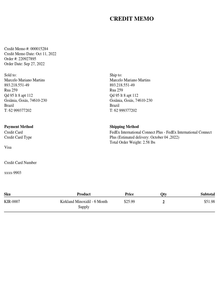 Credit Memo for Kirkland Minoxidil Order | PDF